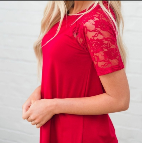 Tops | New Red Lace Sleeve T Shirt | Poshmark